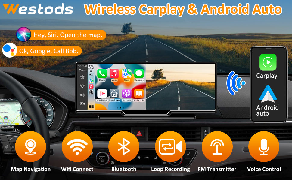 Westods Portable Wireless Carplay Car Stereo with 2.5K Dash Cam - 9.3" – WESTODS